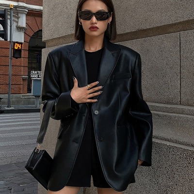 Black PU leather jacket suit jacket for women宽松小西服夹