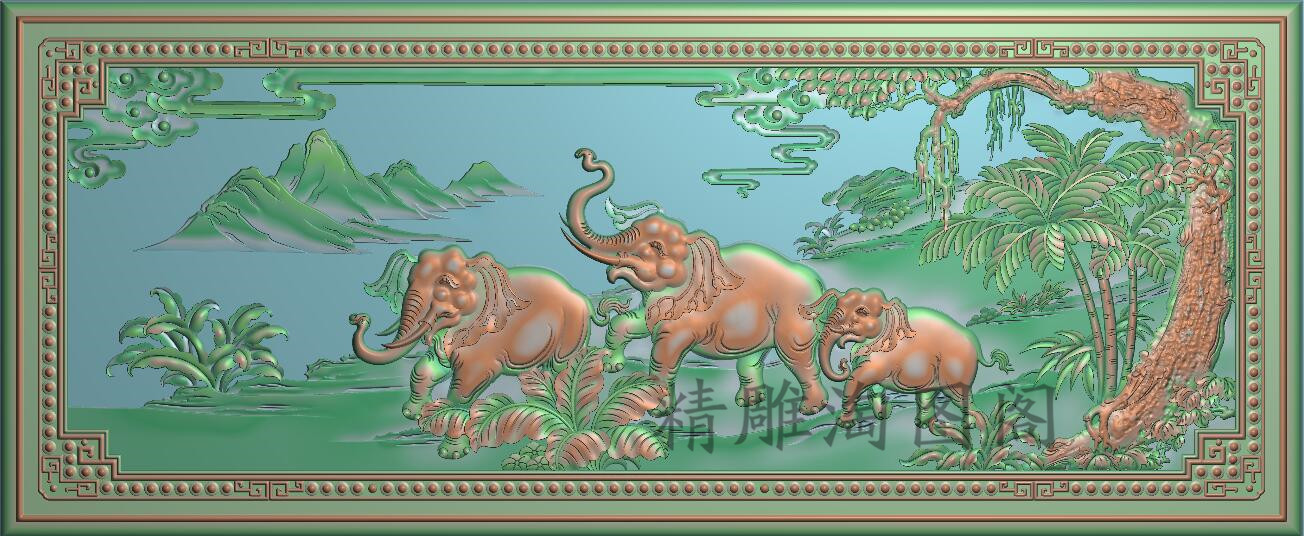 祥云山水大象精雕图合家欢灰度图浮雕精品大象沙发床背板901x372