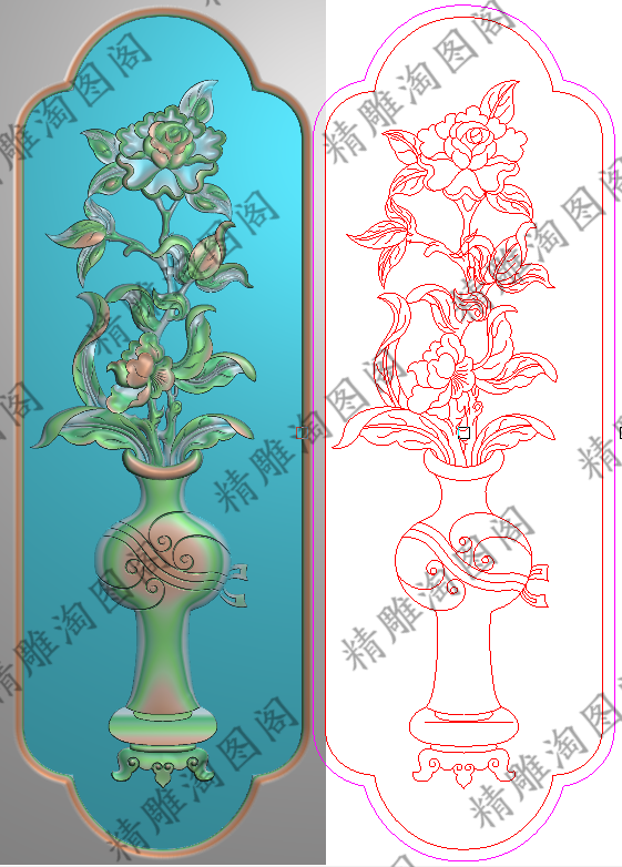 精雕图精品牡丹花月季玫瑰花瓶茶台竖板沙发大床靠背边板126x358
