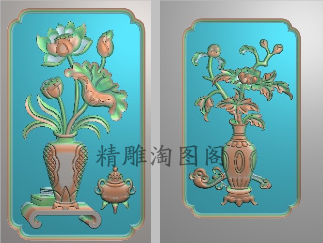 香炉荷花花瓶精雕图灰度图浮雕如意牡丹花瓶背板门板竖板125x210