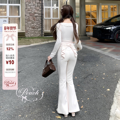 Peach's/ 恋爱约定 浅粉蝴蝶结微喇裤秋冬磨毛针织显腿长显瘦长裤