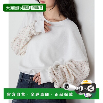 1h可退 日本直邮forksy. 女装 小花柄拼接袖 华夫格长袖T恤 宽松