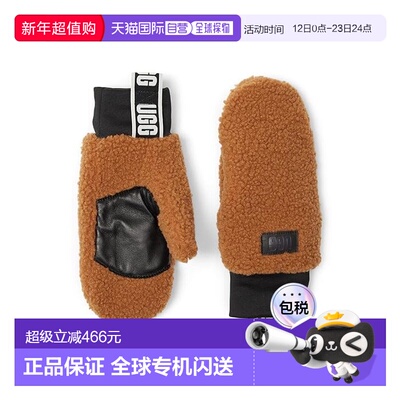 1h可退 香港直邮Ugg 女士 fluff Tape 带Logo连指手套 brown棕色