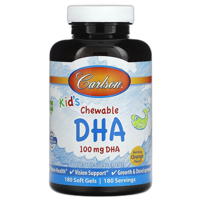 香港直邮Carlson,儿童咀嚼 DHA，爆浆橙味，100 毫克，180 粒软凝