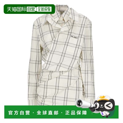 自营the attico象牙色棉质格子Chemisier连衣裙，不对称下摆-白色