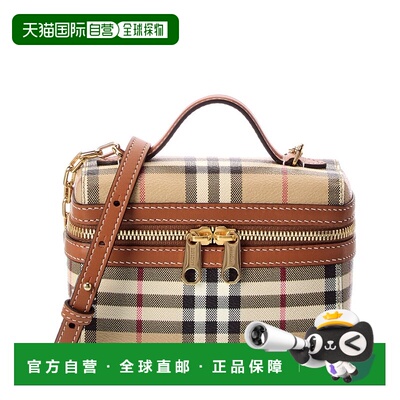 自营Burberry迷你格子帆布和皮革斜挎包-archive米色 美国奥莱直