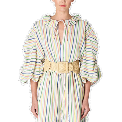 自营Carolina Herrera 颈部荷叶边平行绉缝泡泡袖连衣裙 - 粉色