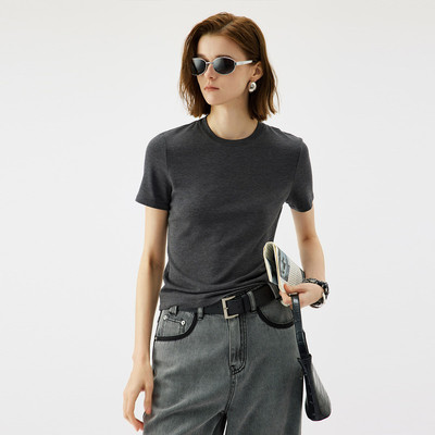 uti尤缇2025夏季新款 深灰色短袖圆领休闲T恤女上衣UL2D0195783