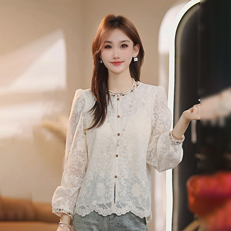 2025春季新款重工刺绣圆领串珠蕾丝网纱衬衫女时尚设计感小众小衫