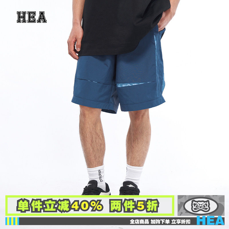 HEA 国潮休闲短裤撞色设计五分裤拼接抽绳运动透气宽松直筒情侣款