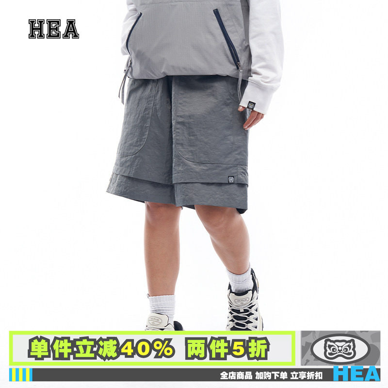 HEA 休闲短裤运动户外透气双层宽松轻薄休闲百搭大口袋五分直筒裤
