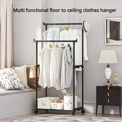 Movable Coat Rack Double Rod Clothes Rack Floor Movable Bedr