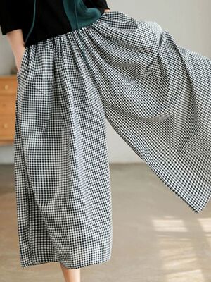 Elegant Woman Dress Plaid Pants Thin Cotton Linen Wide Leg T
