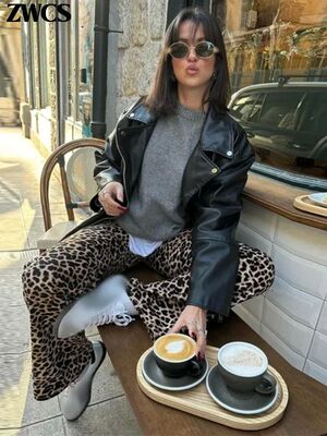 Leopard Print Jeans Pants Women Elegant Slim Button Zipper P