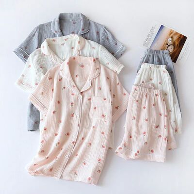 100% Cotton Gauze Summer Women Pajamas 2-Piece Set Short-Sle