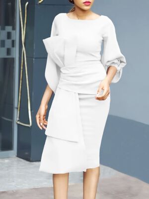 Plus Size Spring New Solid Round Neck Bubble Sleeves Elegant