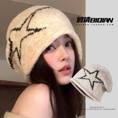 美式复古卷边针织堆堆帽大头围冷子帽子女款秋冬季2025新款毛线帽