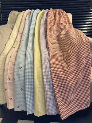 高个子加长版格子睡裤女夏季105cm长裤宽松阔腿裤遛弯神裤长110cm