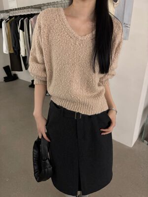 etoile2026冬季新款简约百搭V领豆豆纱套头毛衣
