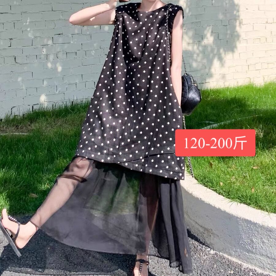 大码波点无袖长款连衣裙女夏今年流行巨好看独特绝美网纱荷叶边