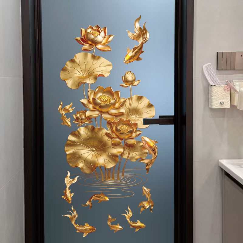 荷花锦鲤净秽静电贴玻璃装饰无痕金莲贴厕所厨房门贴画中式风贴纸