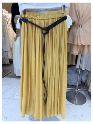 Yoomini 2026夏季新款韩版设计感松紧腰百褶半身长裙配腰带伞裙仙