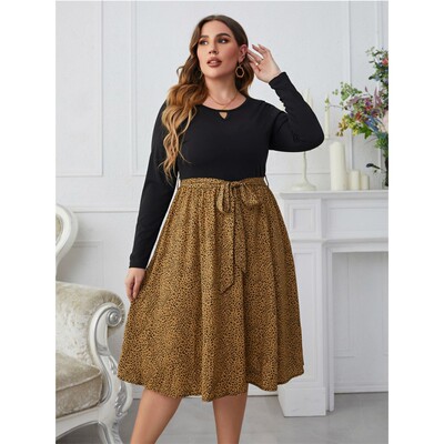 XL-4XL women dresses plus size ladies skirt 豹纹大码长袖女裙
