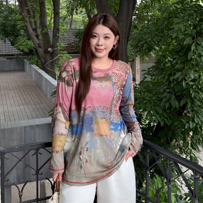 大码女装粉彩长袖t恤宽松百搭