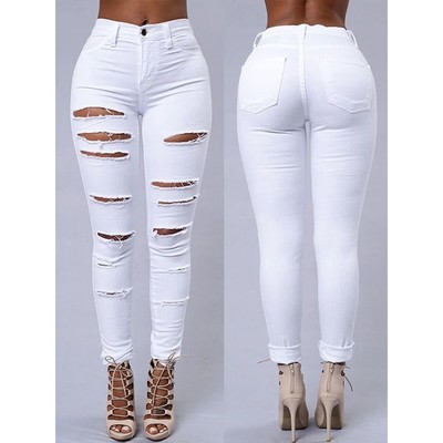 Fashion Stretchy Ripped Skinny Black Jeans Women Zipper Holl