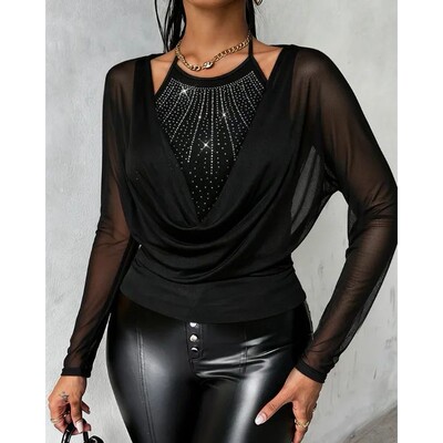 Rhinestone Embellished Backless Tie-Strap Long Sleeve Cami T
