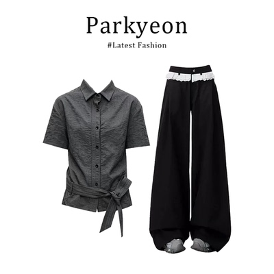 parkyeon韩系复古风设计感收腰短袖衬衫搭配高腰显瘦裤子套装女