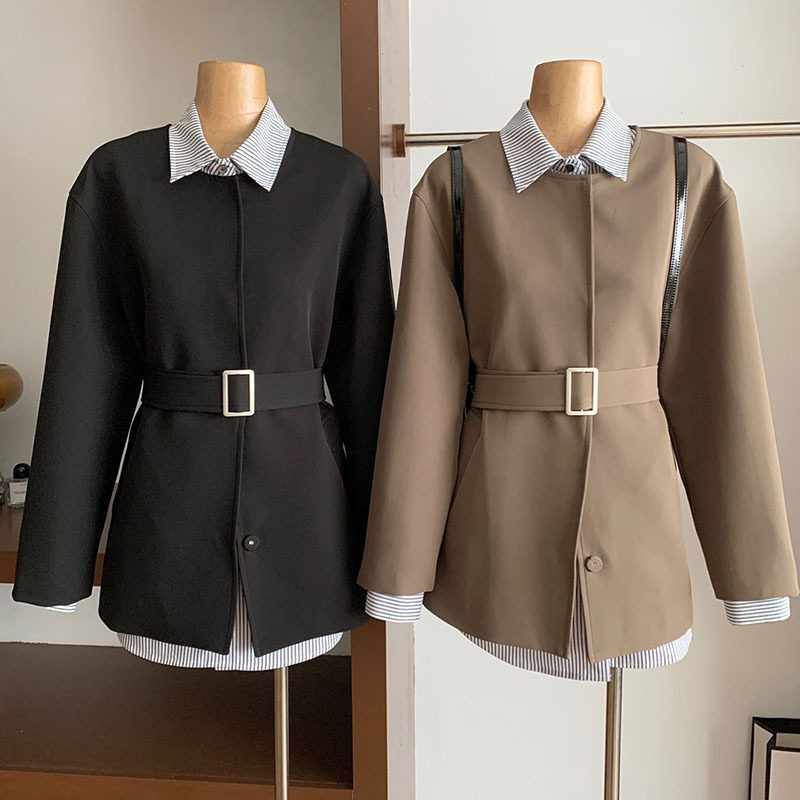 WGWE高级感西装两件套带腰带休闲外套新款法式条纹上衣夹克风衣女_虎窝淘