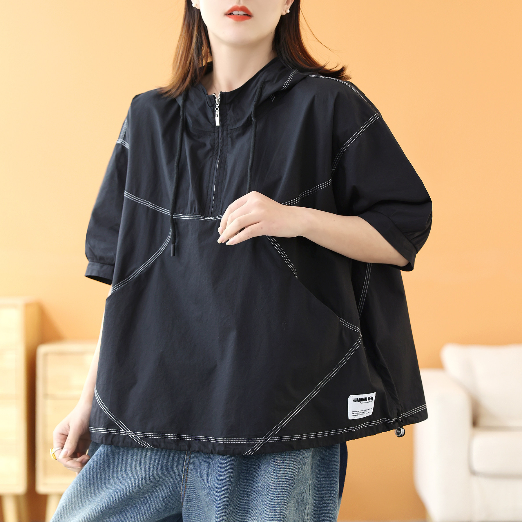 绿素棉 卫衣式半开领连帽T女 短袖廓形三压线休闲t恤上衣 夏2025