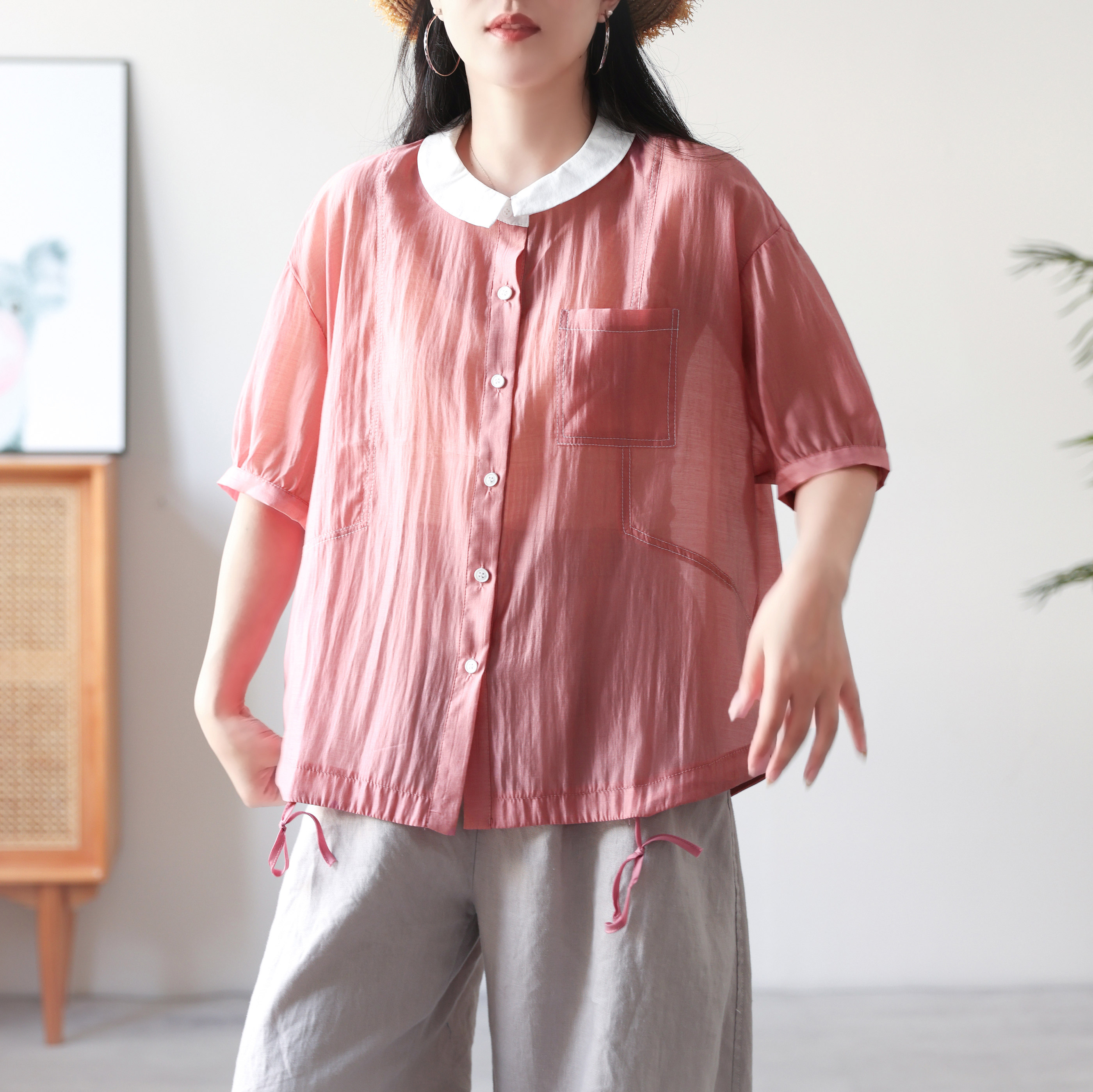 直降福利 悠然夏季 彼得潘领衬衫短袖 通勤撞色轻薄透气天丝上衣