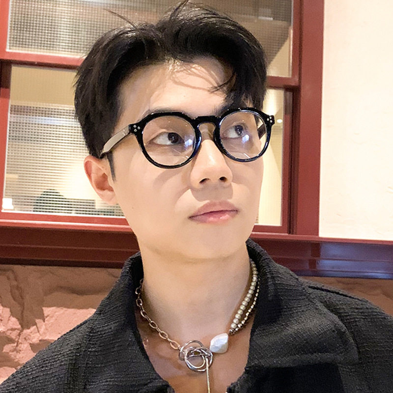 跨境新款时尚圆形男女平光镜明星同款眼镜框米钉防蓝光装饰眼镜潮