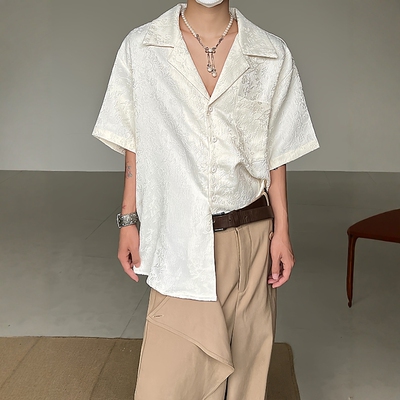 PCGO山本风古巴领浮雕短袖衬衫