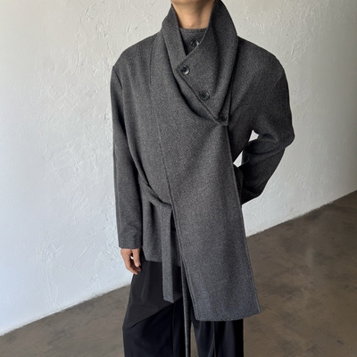 山本风围巾羊毛混纺收腰绑带大衣