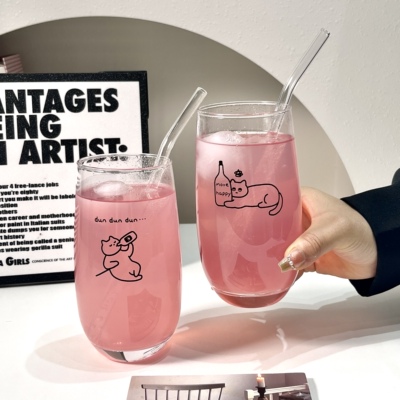 原创可爱小猫ins风莫吉托杯冷饮果茶杯玻璃杯果酒果汁杯气泡水杯