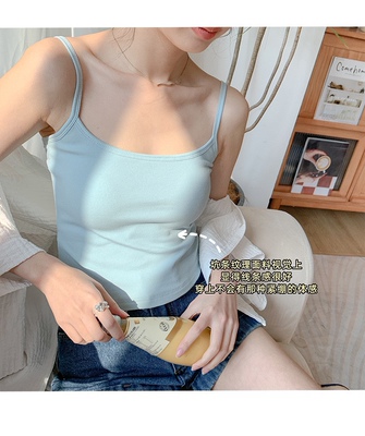 2025夏新款免穿文胸棉罗纹基础吊带背心胸垫一体BraT平口内外可穿