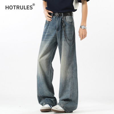 【水洗弯刀】潮牌阔腿牛仔裤男款