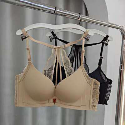 后背蕾丝无痕前扣无钢圈聚拢文胸