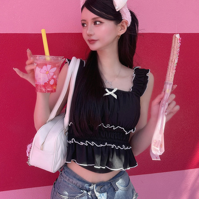 C06068日单新款客供料GL甜美花边松紧肩带女有胸垫短款吊带背心