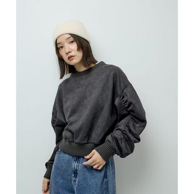 D15086日单新款毛线螺纹领套头宽松女通勤休闲麂皮绒褶皱袖卫衣