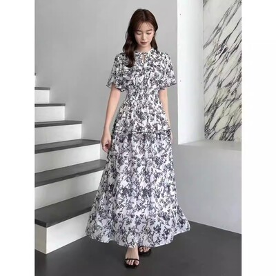 D15014日单1.1W优雅甜美圆领打揽松紧腰长裙女气质印花短袖连衣裙