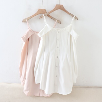 C11076日单早秋新款单排扣弹力松紧一字领露肩显瘦女气质中长衬衫