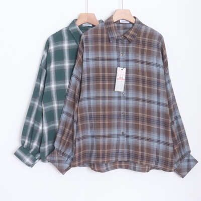 D24075日单新款单排扣翻边领宽松显瘦慵懒女简洁休闲格子长袖衬衫