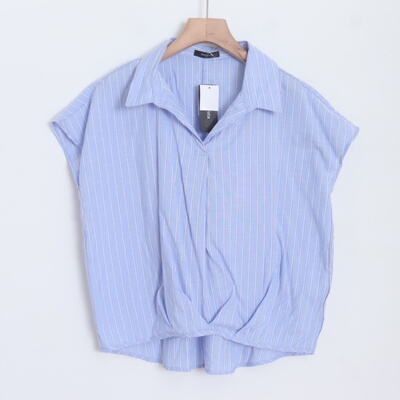 D22023日单春夏新款客供料V领套头宽松好搭配女气质翻边短袖衬衫