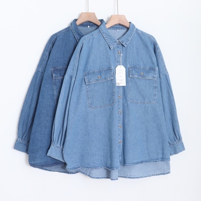 D06047日单新款单排扣宽松女简洁通勤休闲水洗纯棉中长款长袖衬衫