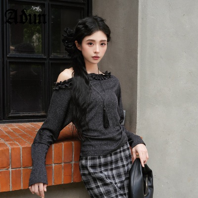 Abun黑色一字肩上衣女2026秋木耳边露肩长袖亚麻混纺收腰小众上衣