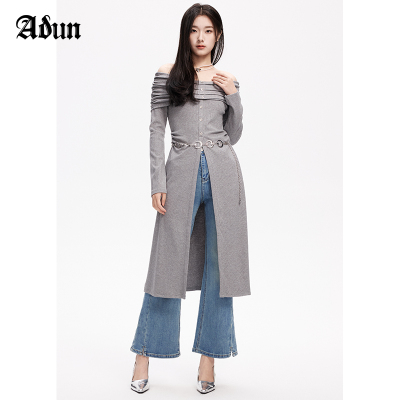 Abun秋季单品压褶一字肩开叉外塔连衣裙女